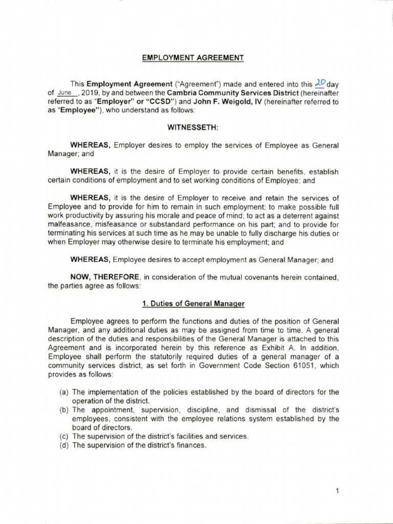 General Manager's Employment Agreement | PDF