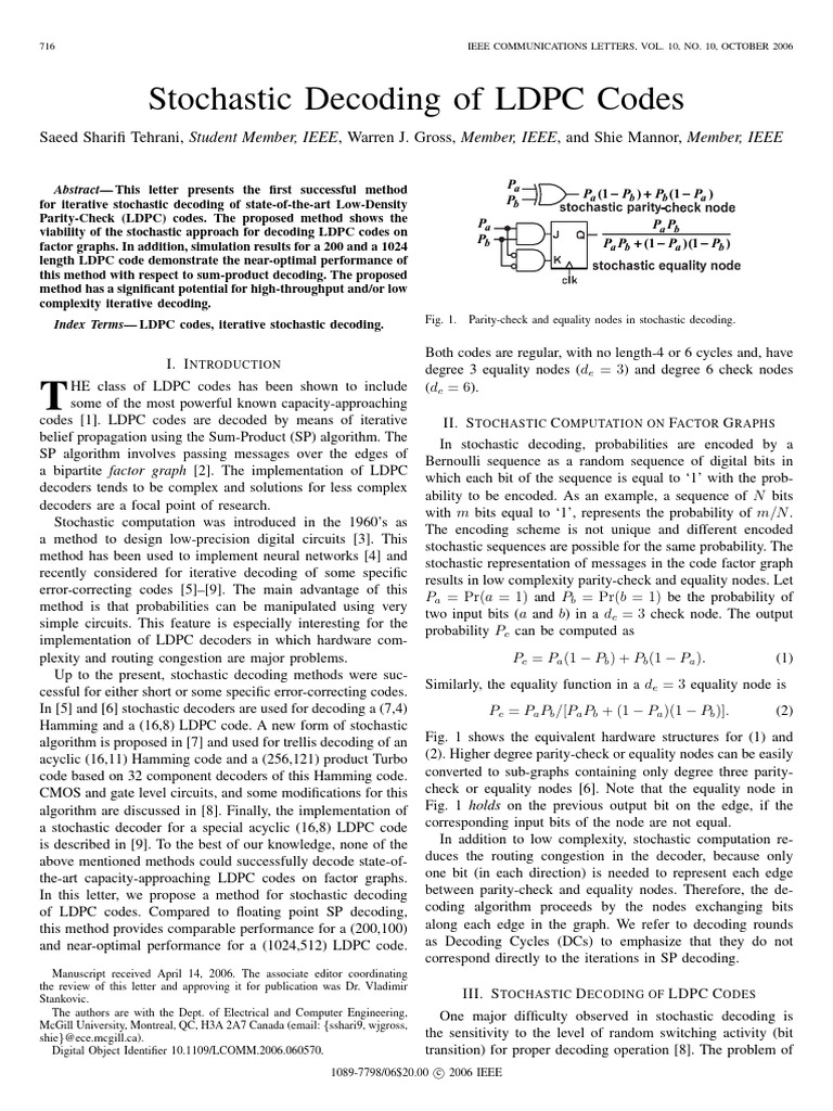 Stochastic Decoding Of Ldpc Codes Pdf