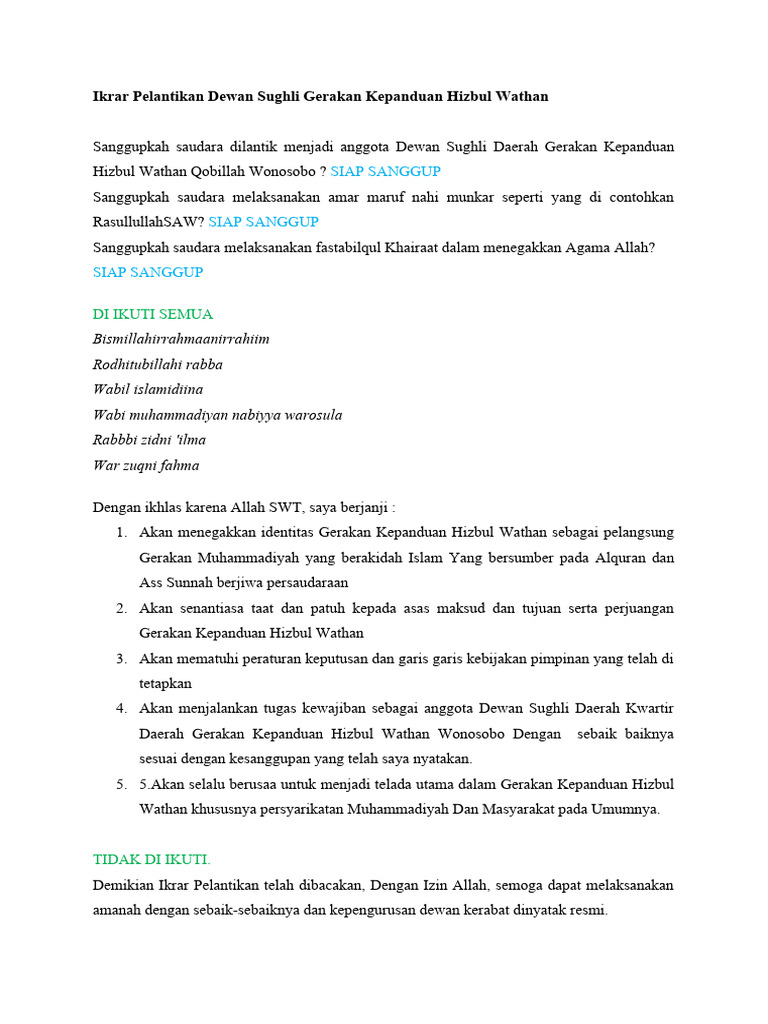 Ikrar Pelantikan Dewan Sughli Gerakan Kepanduan Hizbul Wathan | PDF ...
