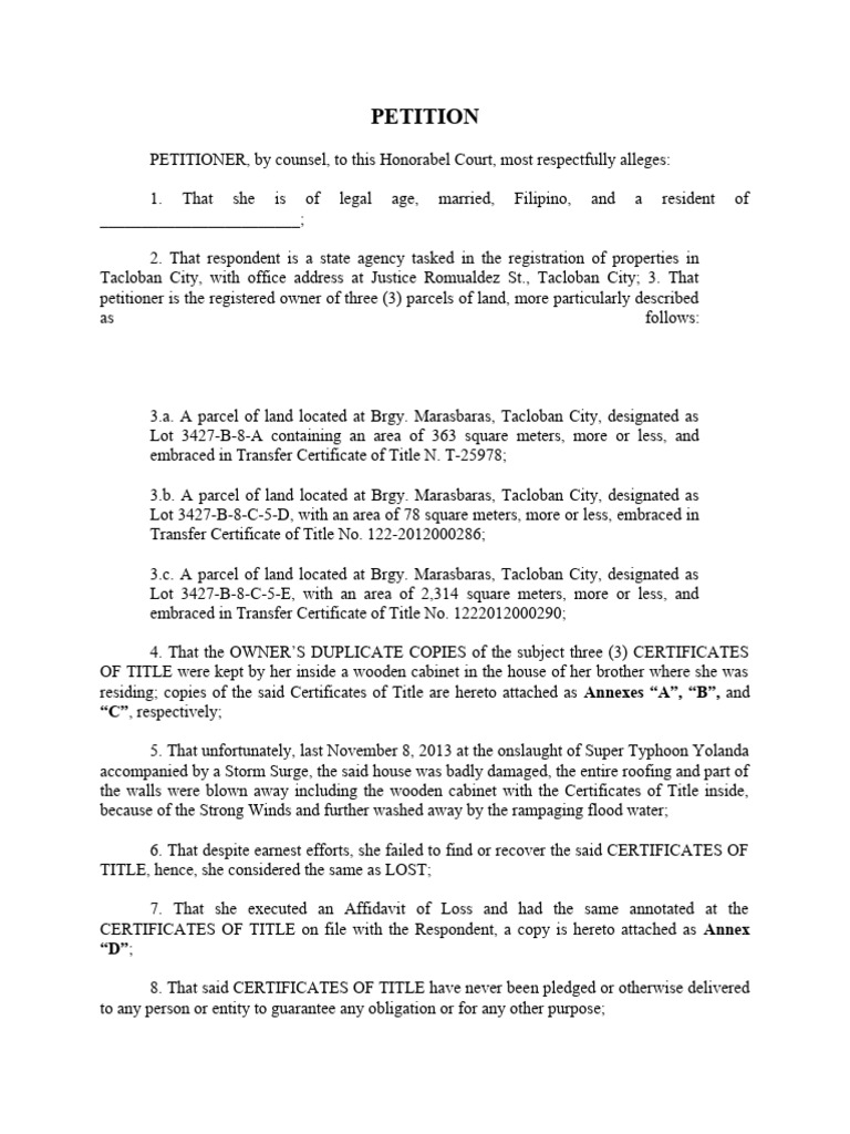 Petition-Lost Title (Sample) | PDF | Justice | Crime & Violence