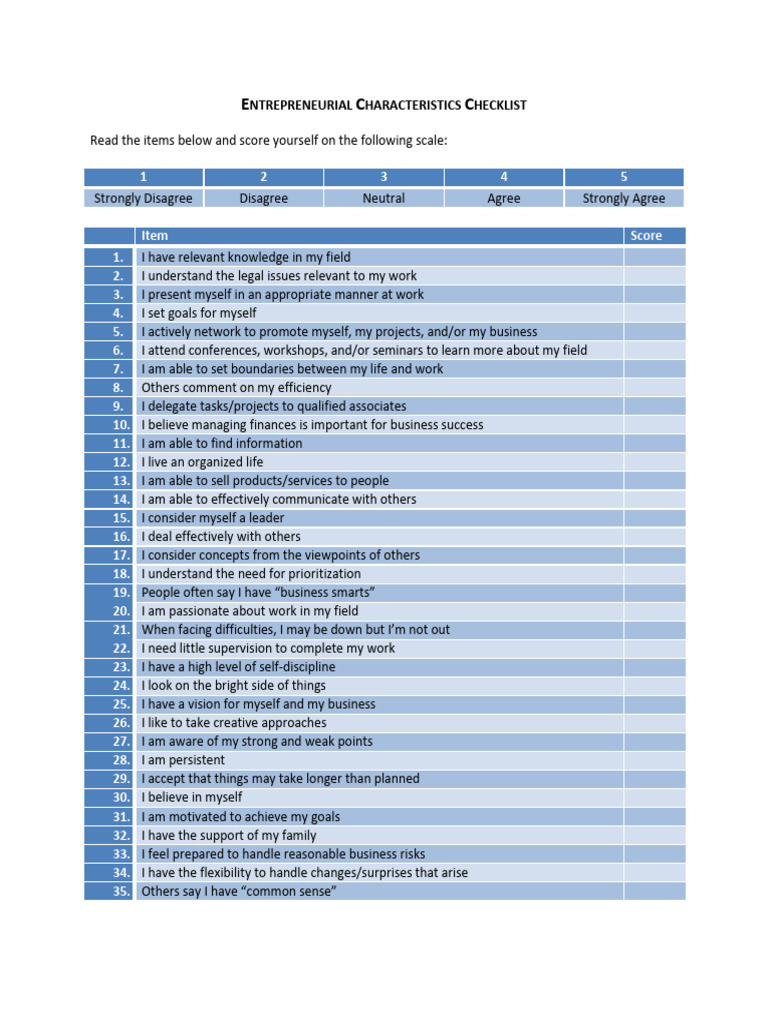 Entrepreneurial Characteristics Checklist | PDF