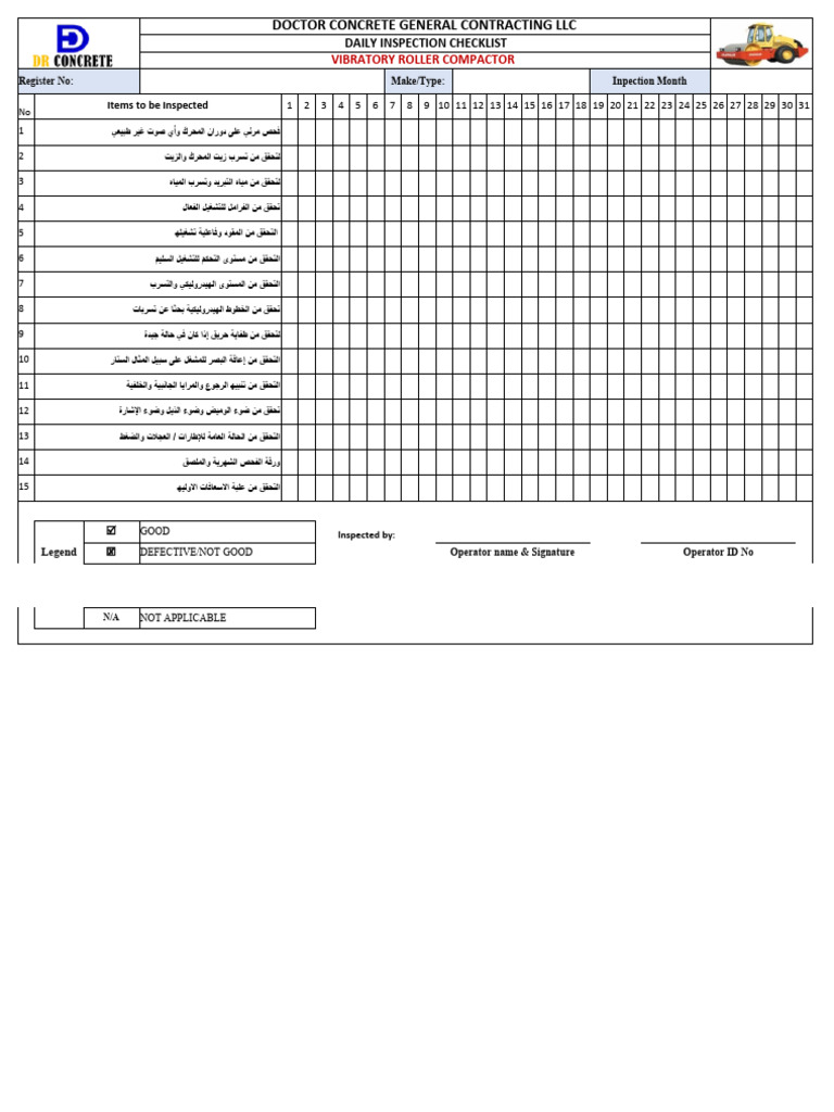 Daily Inspection Checklist-Vibratory Roller Compactor - Ar | PDF