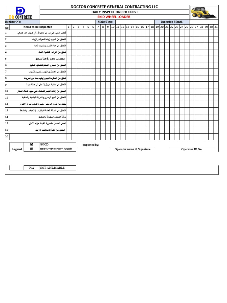 Daily Inspection Checklist-Skid Wheel Loader - Ar | PDF