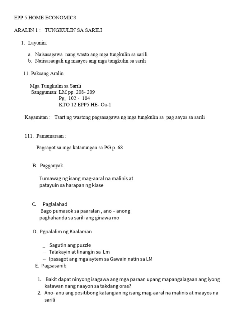 Epp 5 Home Economics Lesson Plan | PDF