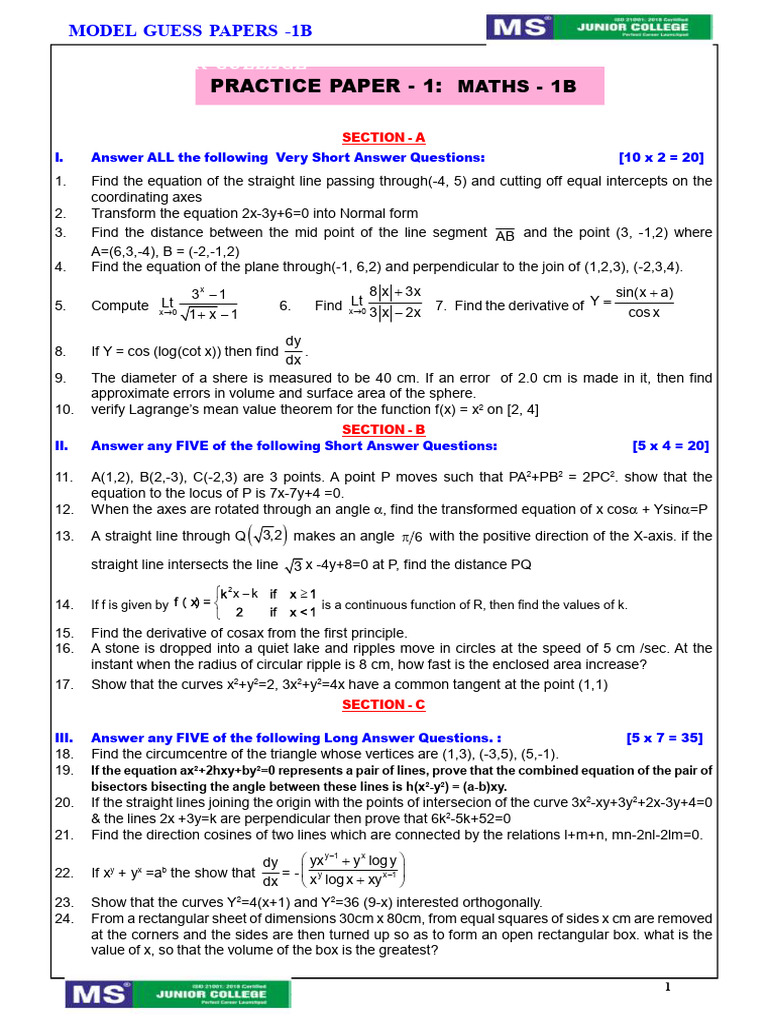 1b Guess Model Papers 2024 MS JUNIOR COLLEGE | PDF