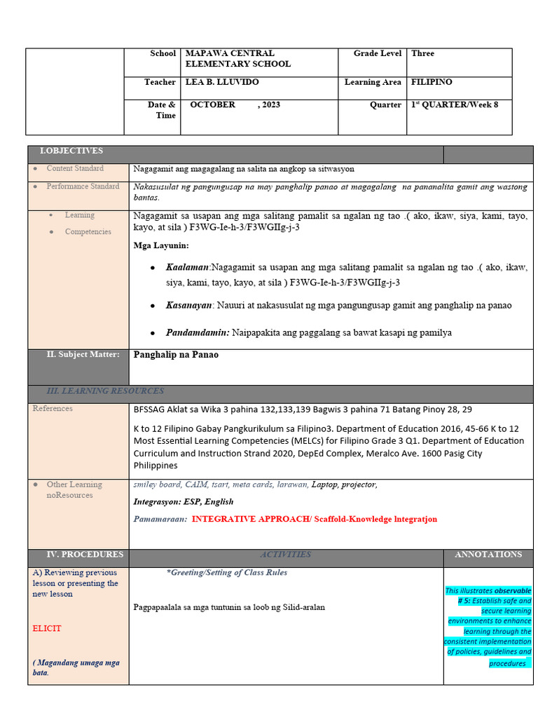 Cot Filipino 3 1st Quarter Panghalip Panao | PDF
