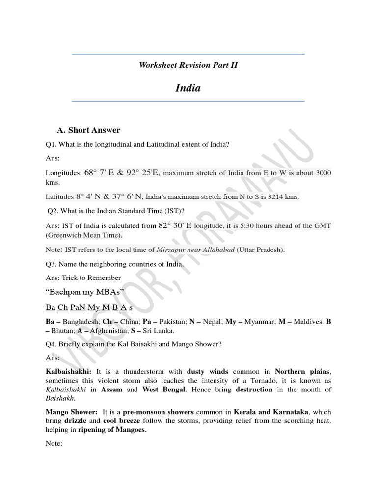 Geography Revison Worksheet - Solution Part II | PDF | Monsoon | Himalayas
