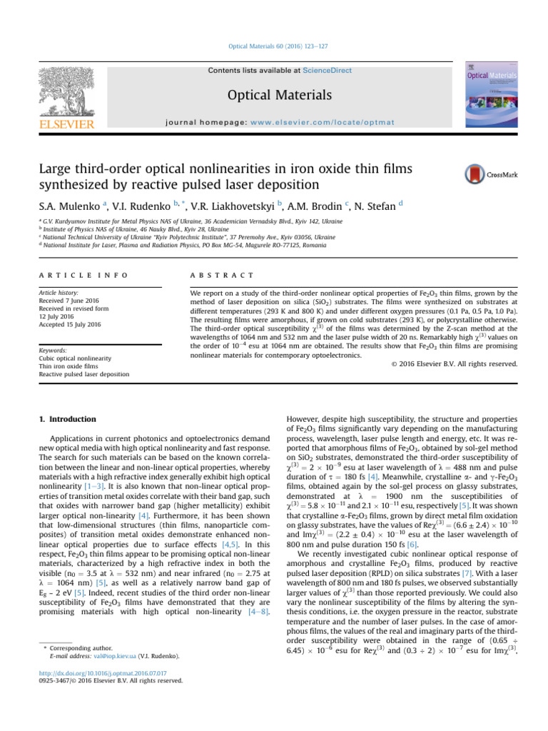 Large Third-Order Optical Nonlinearities in Iron Oxide Thin Films Synthesized by Reactive Pulsed ...