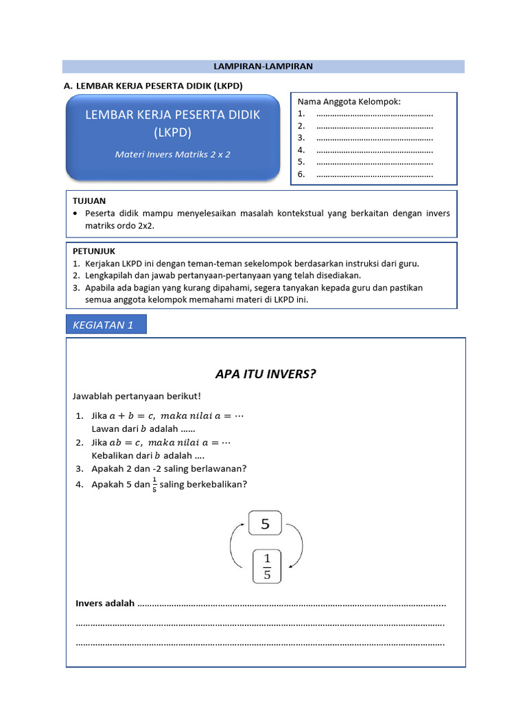 LKPD Invers Matriks 2x2 | PDF