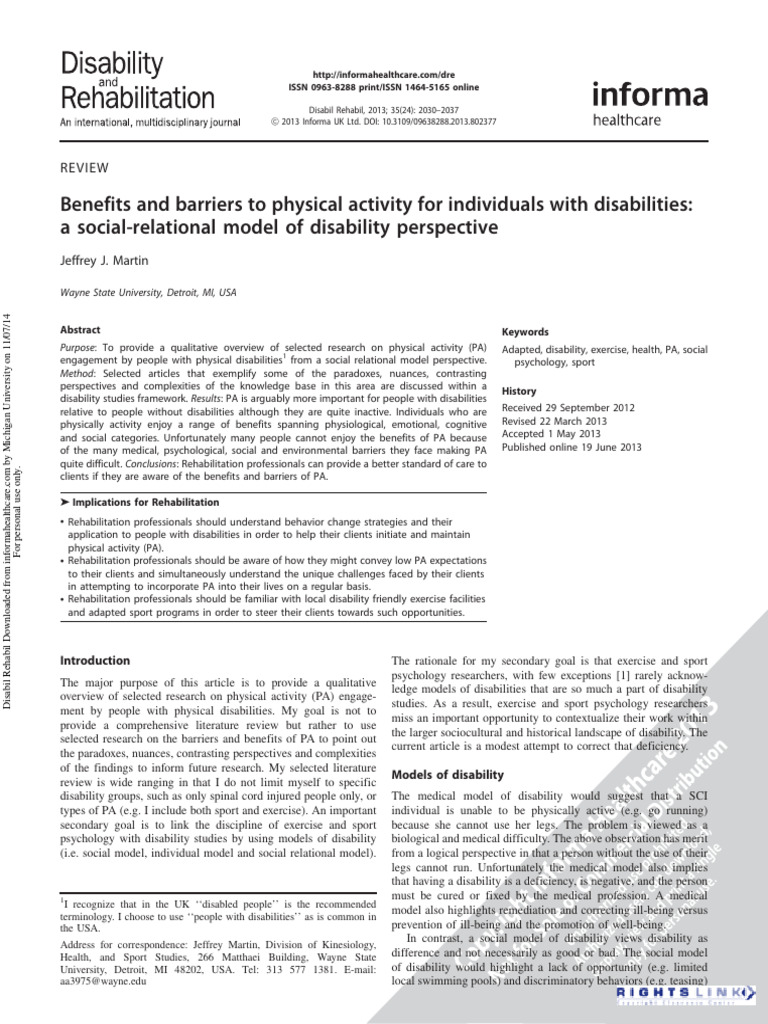 Benefits and Barriers To Physical Activity For Individuals With ...