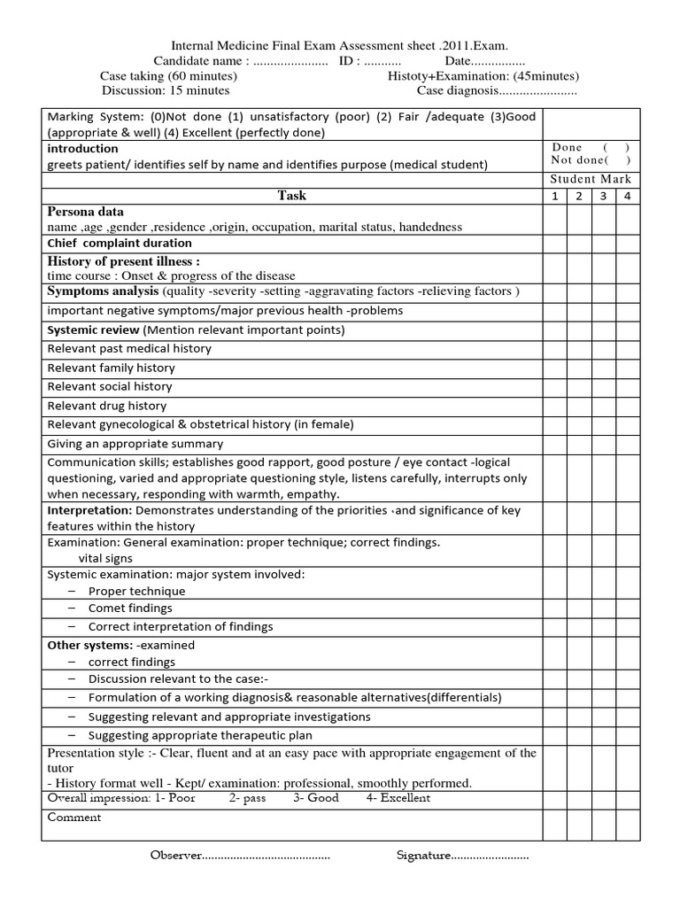 Internal Medicine CheckList | PDF | Physical Examination | Diseases And ...