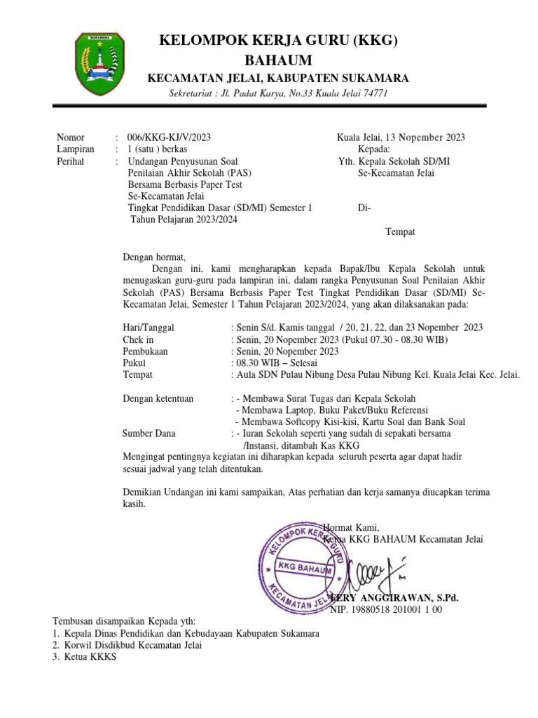 Surat Undangan KKG Penyusunan Soal PAS Semest 1 2023 | PDF