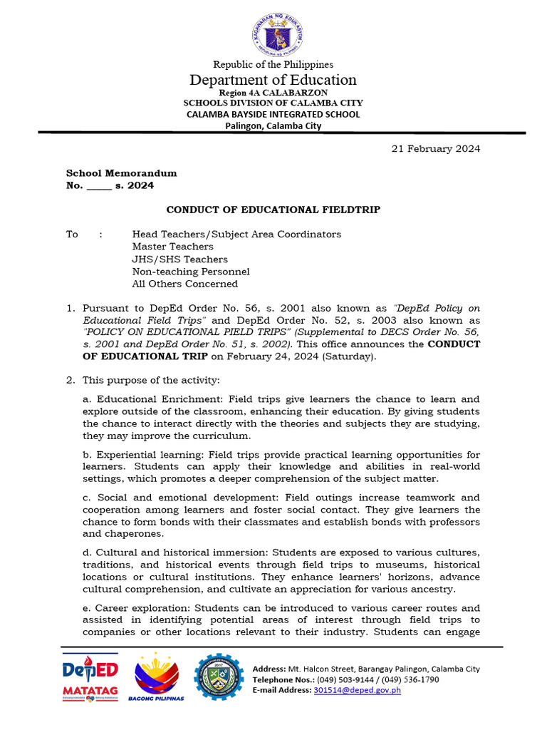 Field Trip Memo | PDF | Learning | Teachers