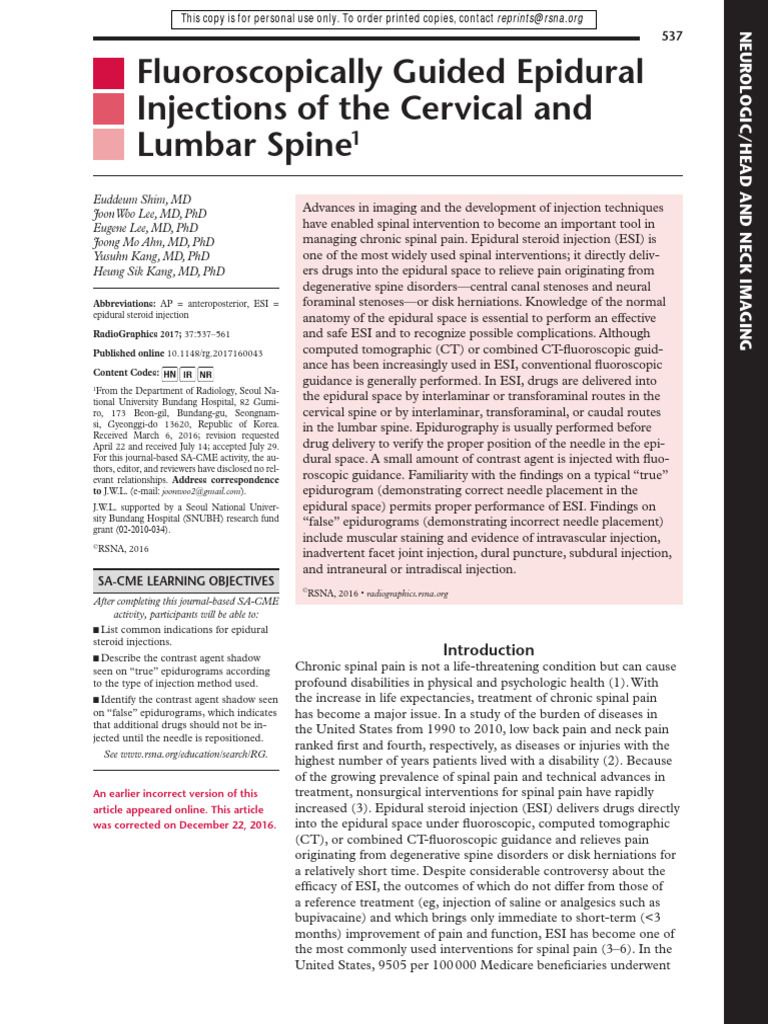 Fluoroscopically Guided Epidural Injection (SNUBH Protocol) | PDF ...