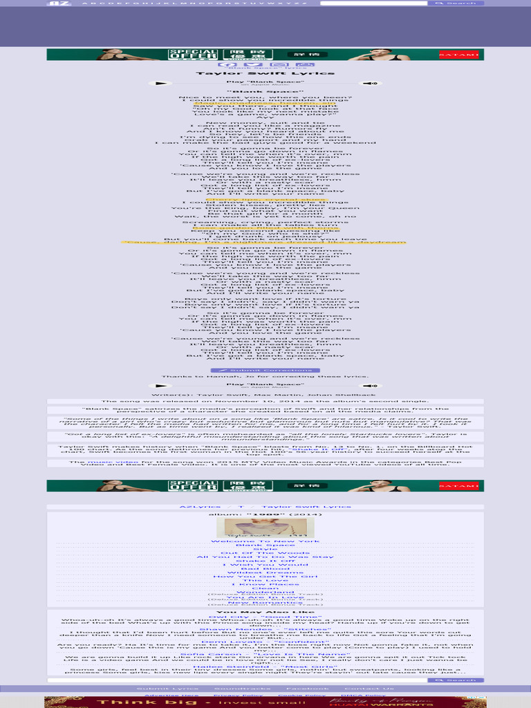 Taylor Swift "Blank Space" Lyrics | PDF
