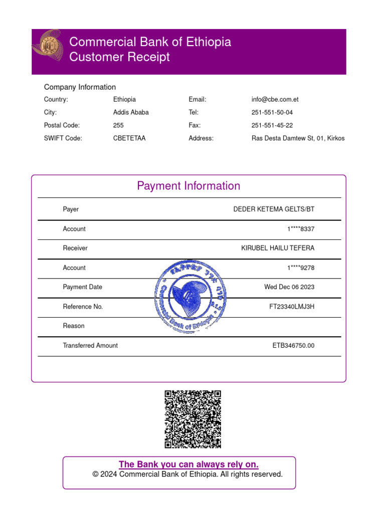 CBE Customer Receipt - Payment Details | PDF