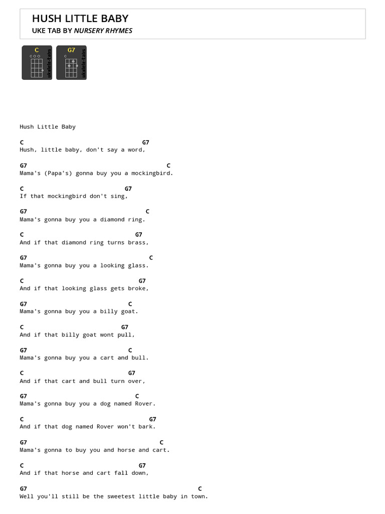 Hush Little Baby Uke Tab by Nursery Rhymes - Ukulele Tabs | PDF