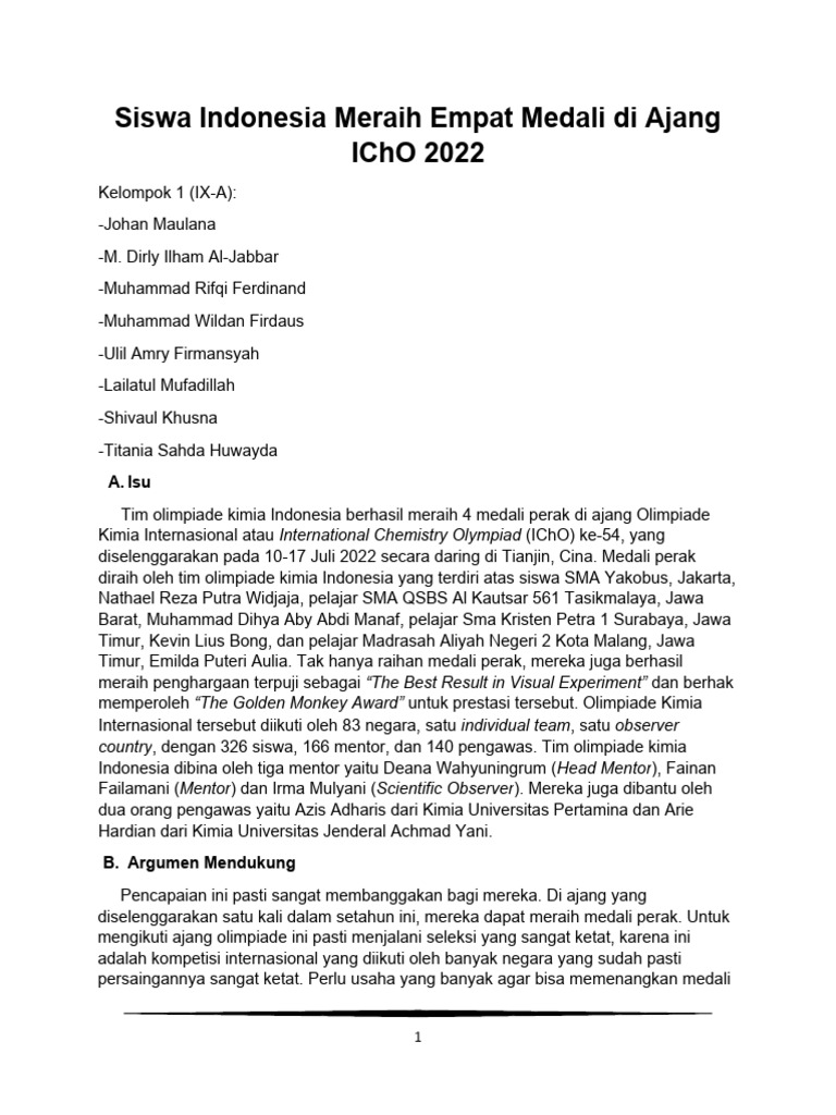 Siswa Indonesia Meraih Empat Medali Di Ajang IChO 2022 (Remake) | PDF