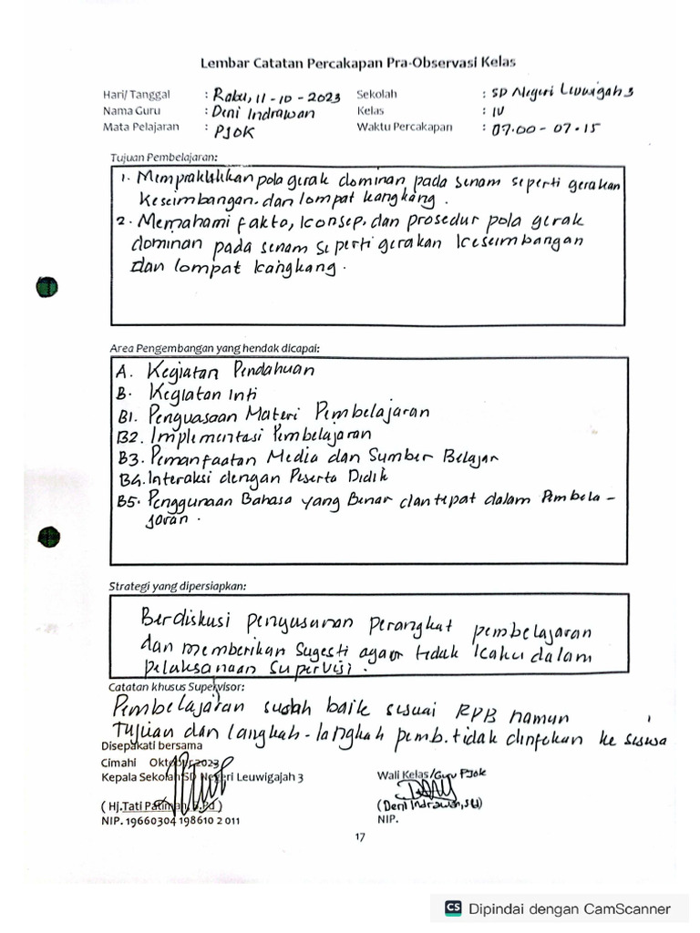 Lembar Catatan Percakapan Pra Observasi Kelas-PJOK | PDF
