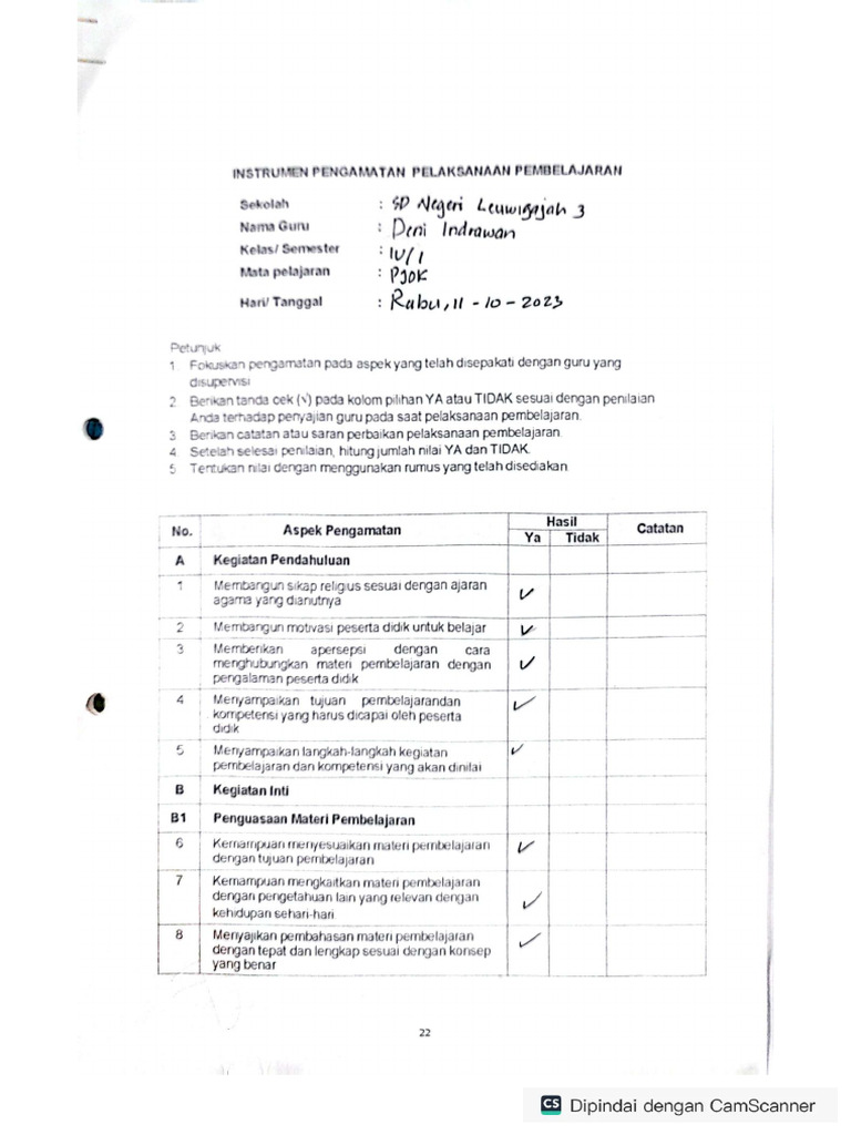 Instrumen Pengamatan Pelaksanaan Pembelajaran | PDF
