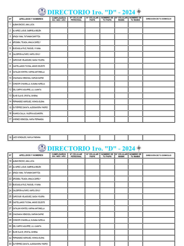 Directorio Estudiantes 1ro "D" 2024 | PDF