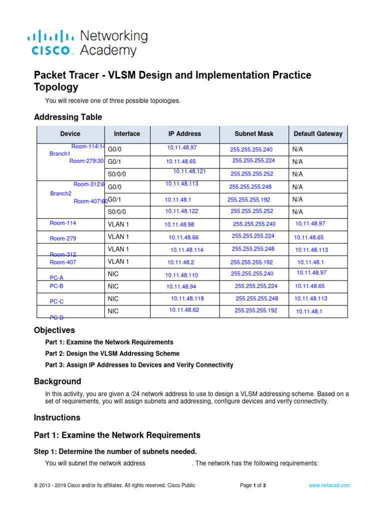 11.9.3-packet-tracer---vlsm-design-and-implementation-practice | PDF