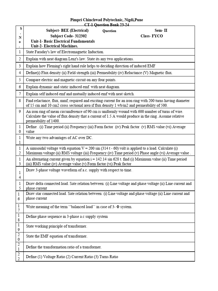BEE (Elect.) CT-1 Ques - Bank-1 | PDF | Electromagnetic Induction | Physical Sciences