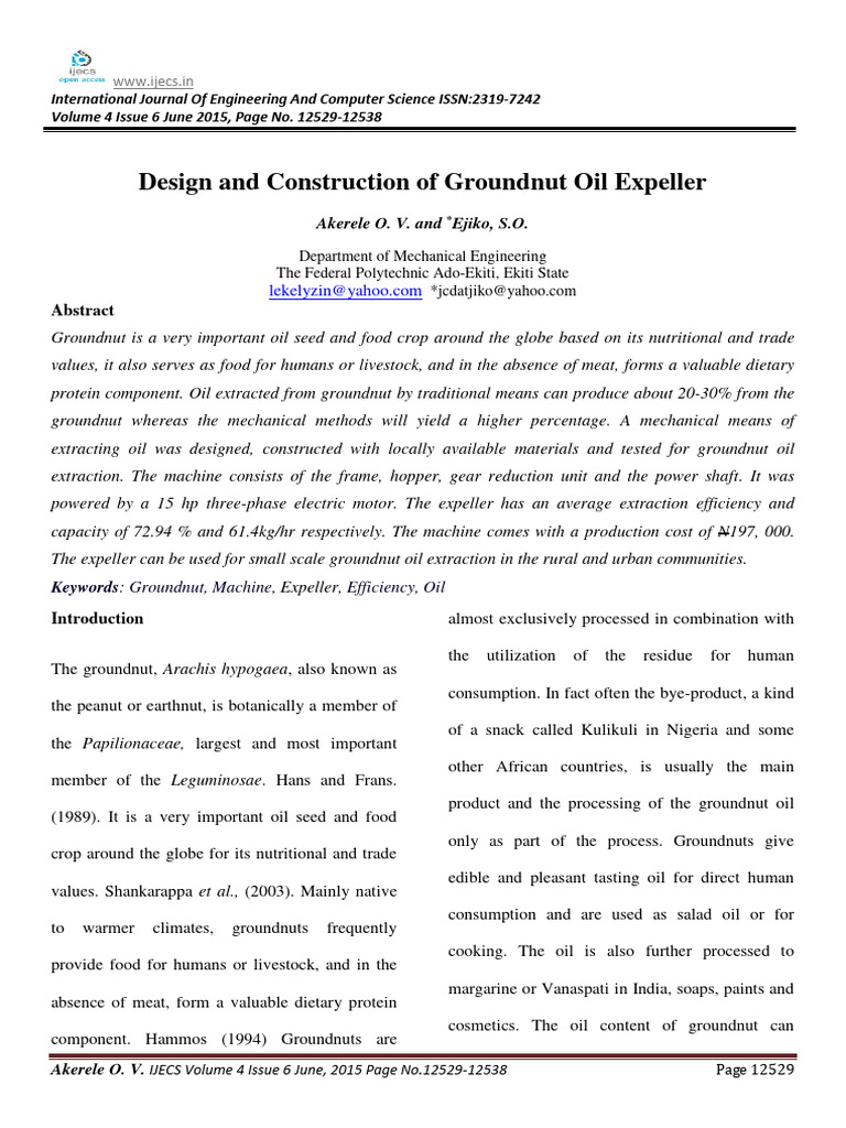 Design and Construction of Groundnut Oil | PDF | Peanuts | Vegetable Oil