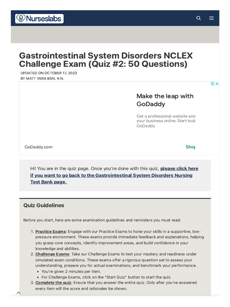 Gastrointestinal System Disorders NCLEX Challenge Exam (Quiz #2 - 50 ...
