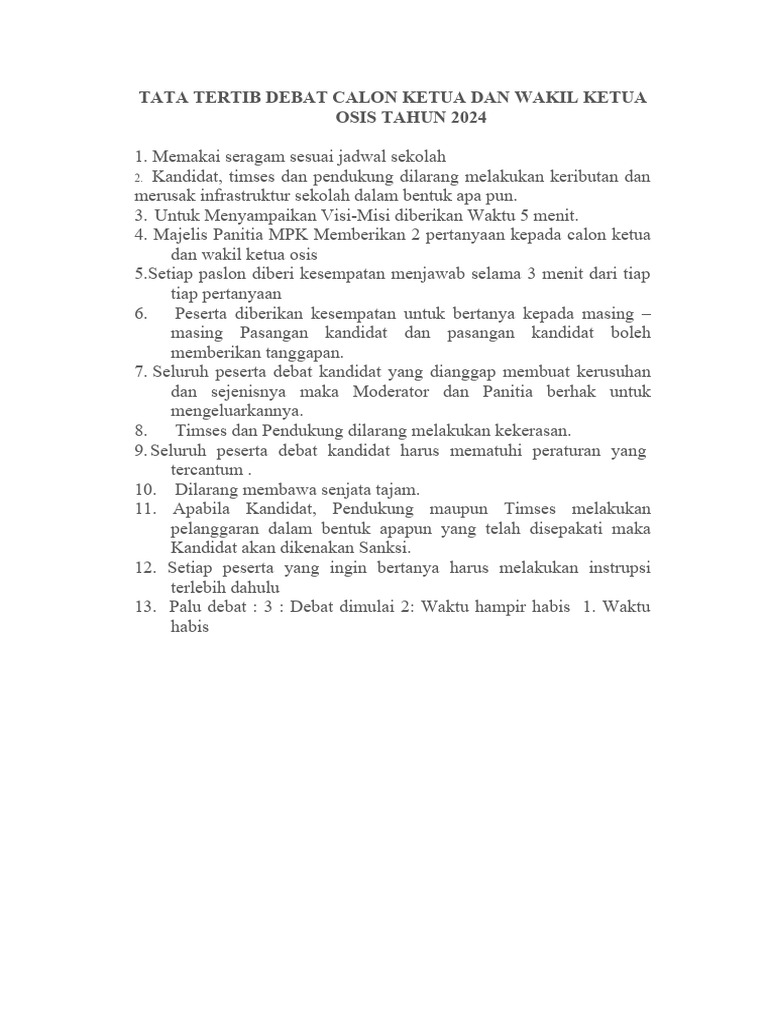 Tata Tertib Debat Calon Ketua OSIS 2024 | PDF