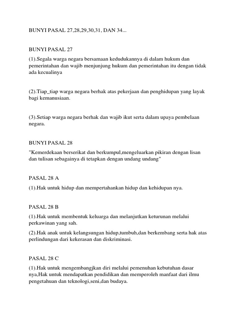 Bunyi Pasal 27-34 UUD 1945 | PDF