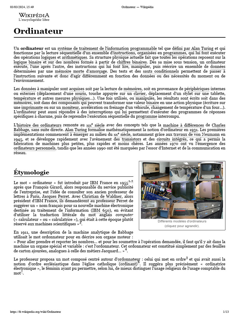 Histoire et Fonctionnement des Ordinateurs | PDF