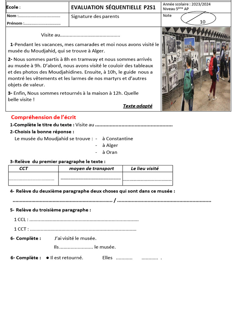 Évaluation sur le musée du Moudjahid 5AP | PDF | Langues | Études des ...