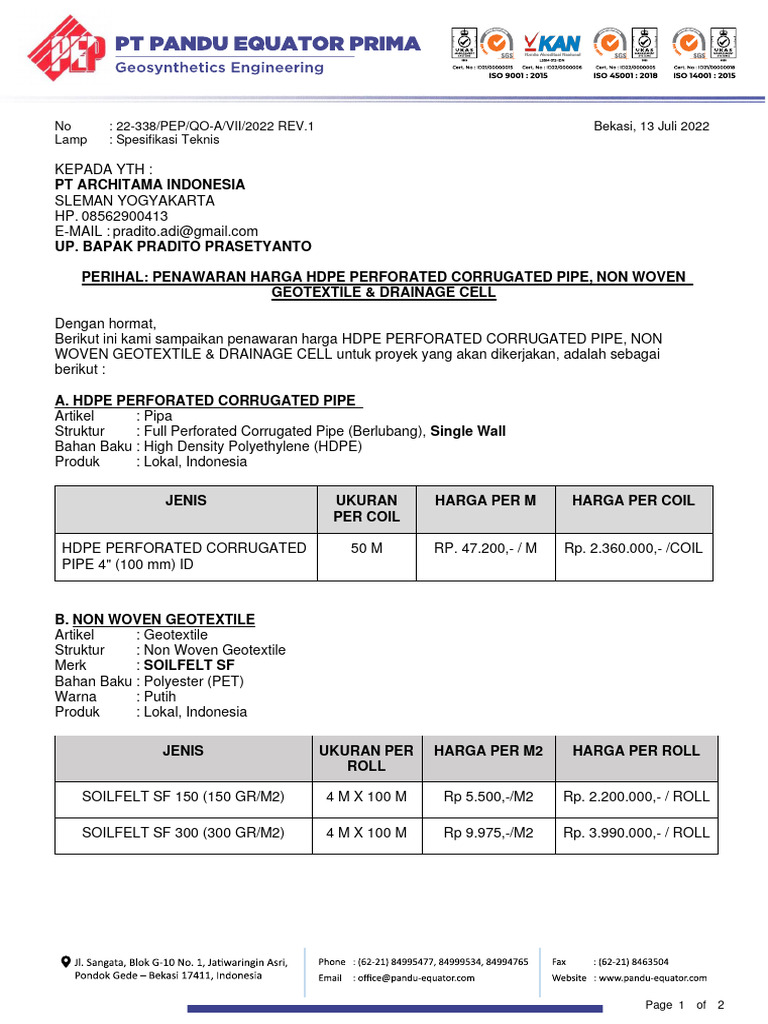 22-338 PT Architama Indonesia, Geopipe SWC 4, SF 150, SF 300, Drainage Cell Rev.1. | PDF