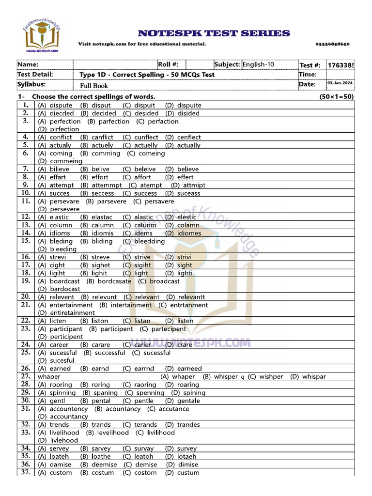 10th Eng. Spelling MCQs - DR Mazhar 03066980980 | PDF