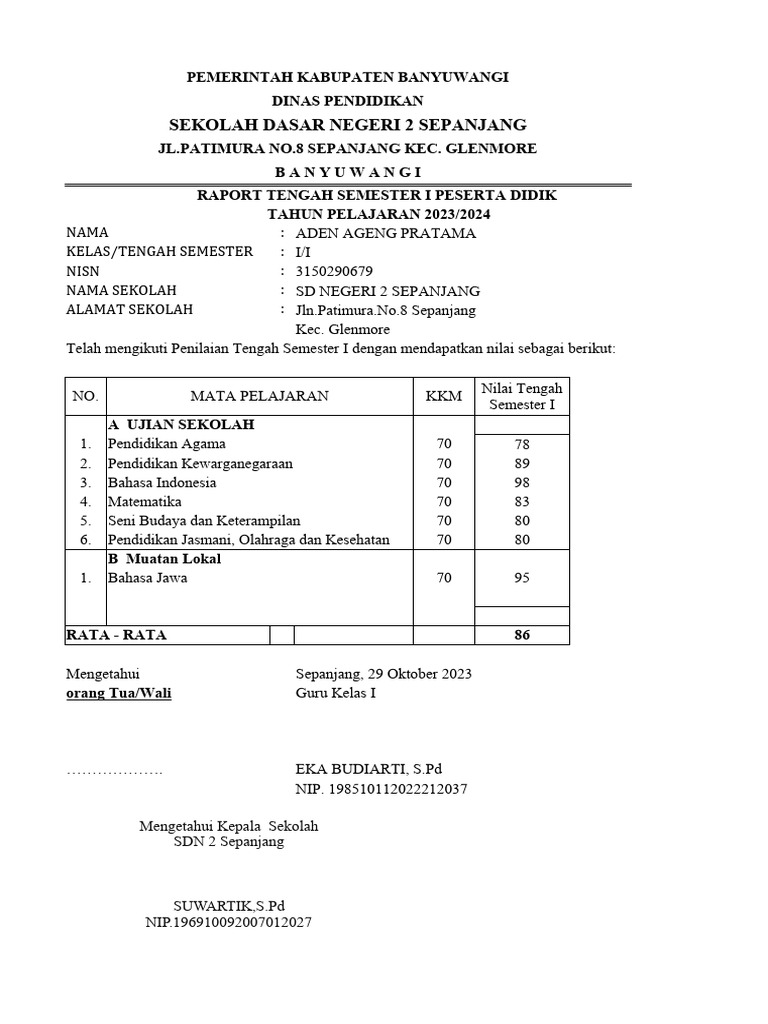 RAPORT UTS Kelas 2 Semester 1 2022-2023 | PDF
