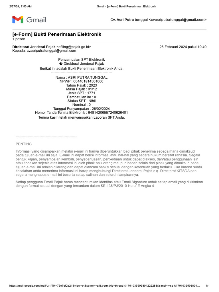 Bukti Penerimaan SPT Elektronik 2023 | PDF