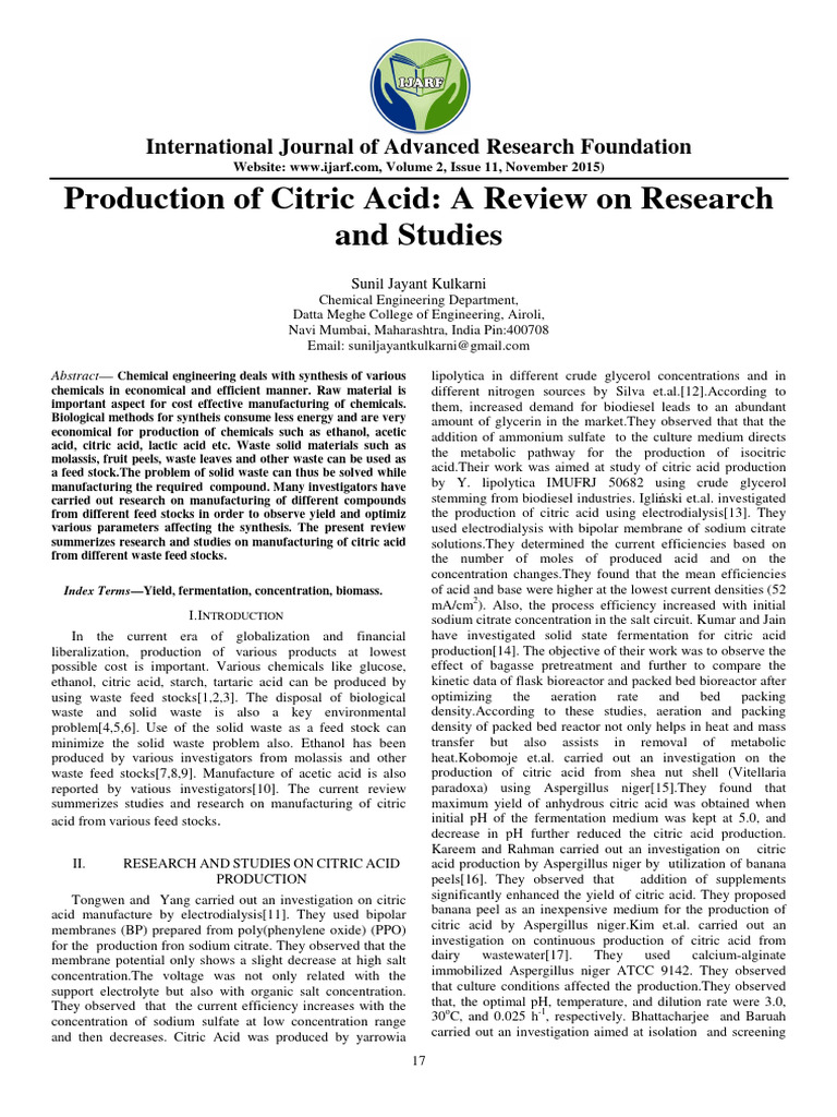 Citric Acid Production Review | PDF