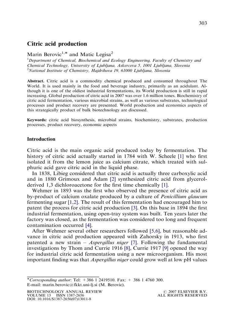 Citric Acid Production and Uses | PDF
