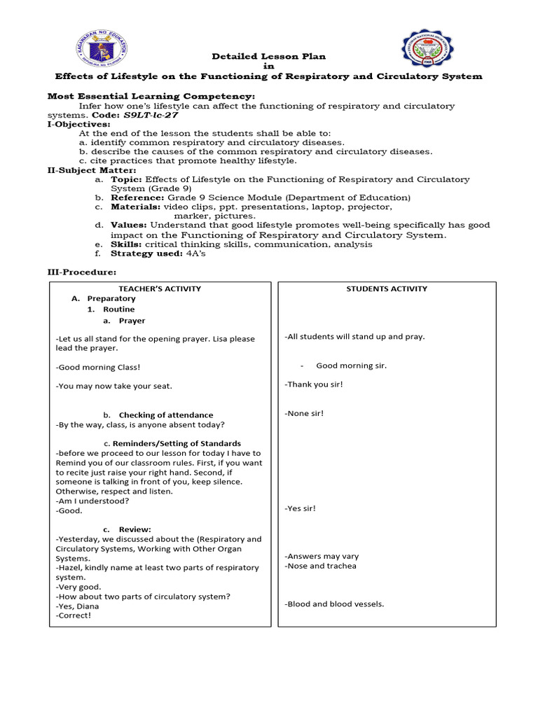 Detailed Lesson Plan - EFFECTS OF LIFESTYLE TO RESPIRATORY ...
