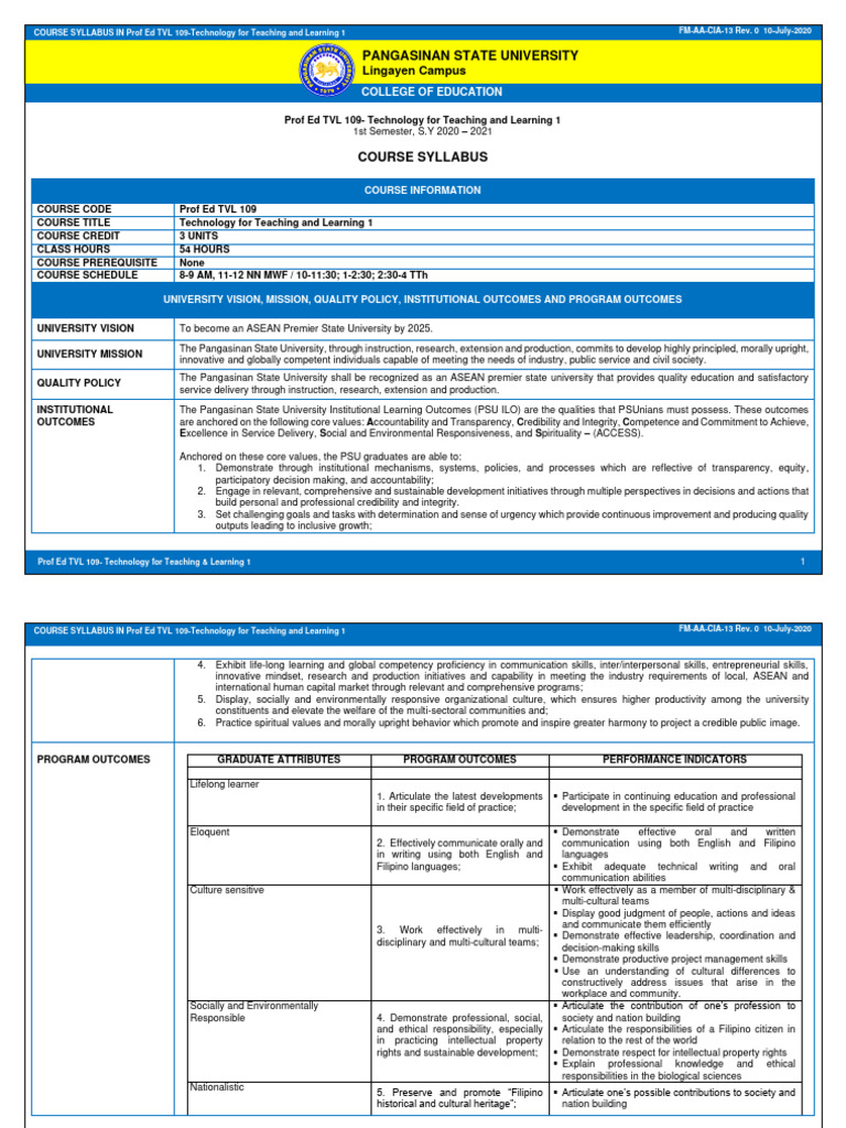 Syllabus in Prof Ed TVL 109-Technology For Teaching & Learning 1-1 | Download Free PDF ...