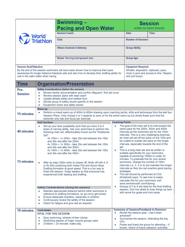 World Triathlon Coaching Session Card - Swim 5 Pacing and Open Water ...