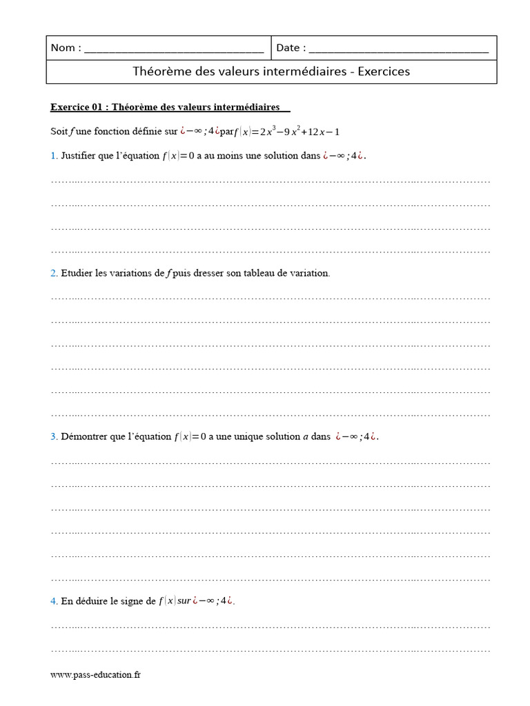 Théorème Des Valeurs Intermédiaires Terminale S Exercices À Imprimer | PDF