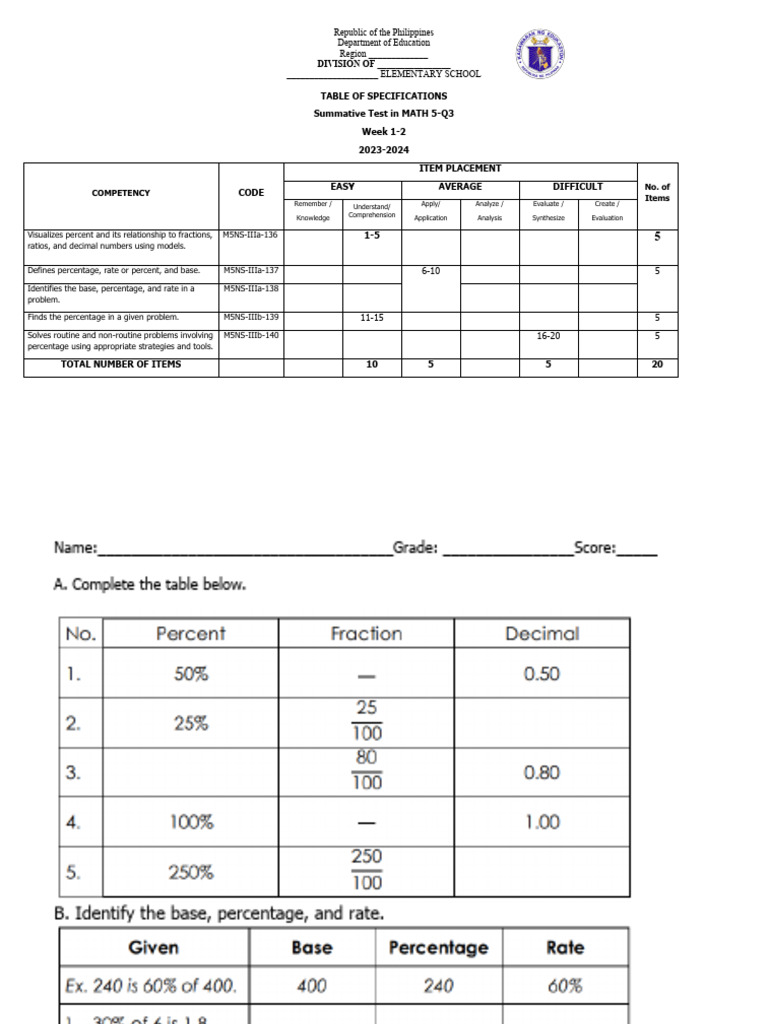 ST1 - Math 5 - Q3 | Download Free PDF | Percentage | Mathematics