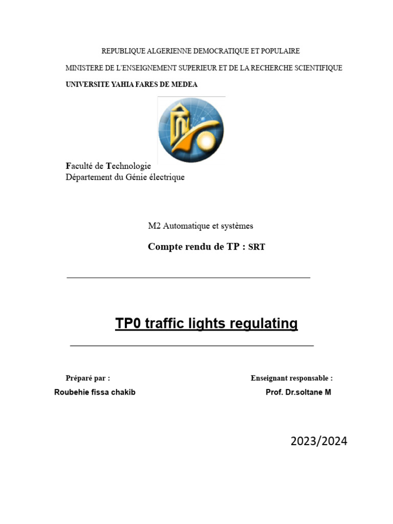 TP0 Traffic Lights Regulating: Faculté de Technologie | PDF