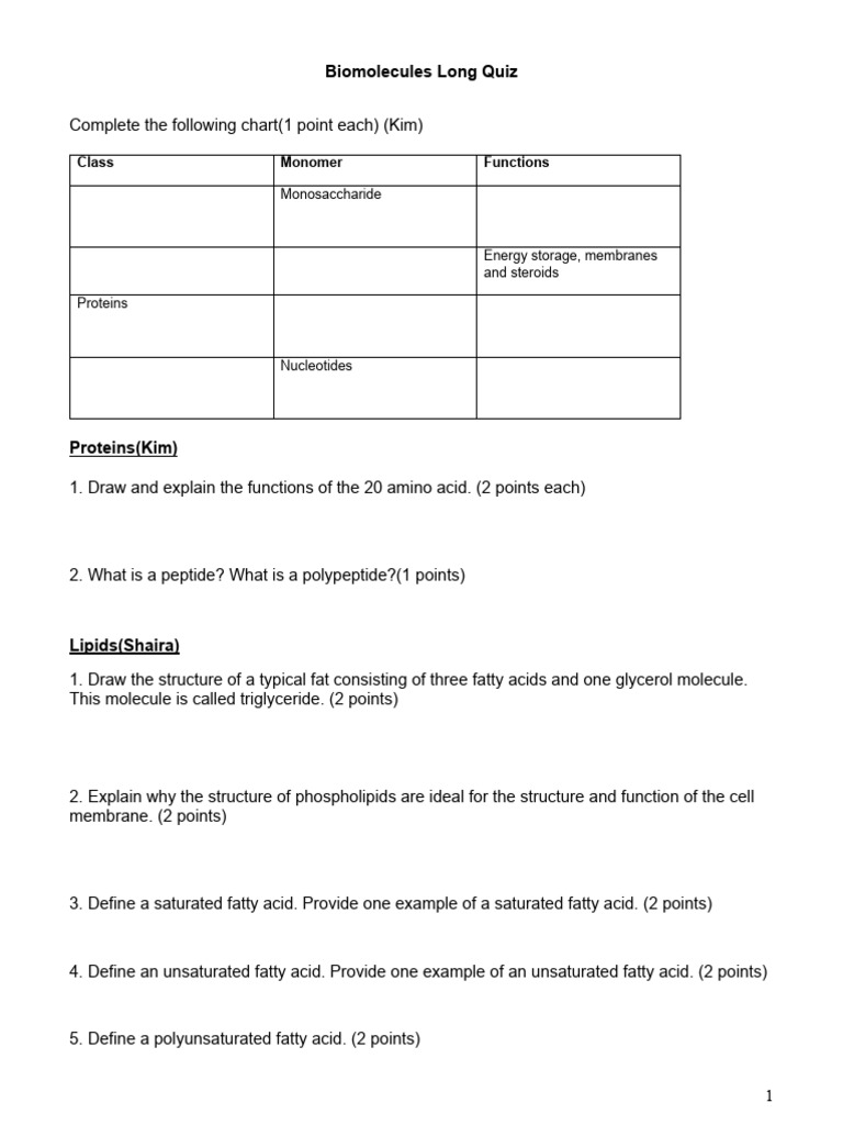Biomolecules Long Quiz | PDF | Translation (Biology) | Messenger Rna