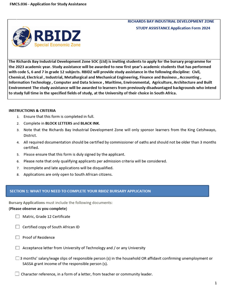 RBIDZ Bursary Application Form - 2024 | PDF