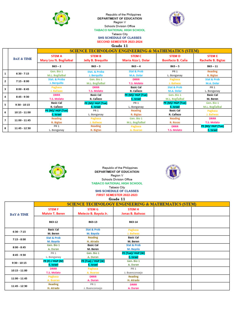 SHS Class Schedule 2023-2024 | PDF | Science