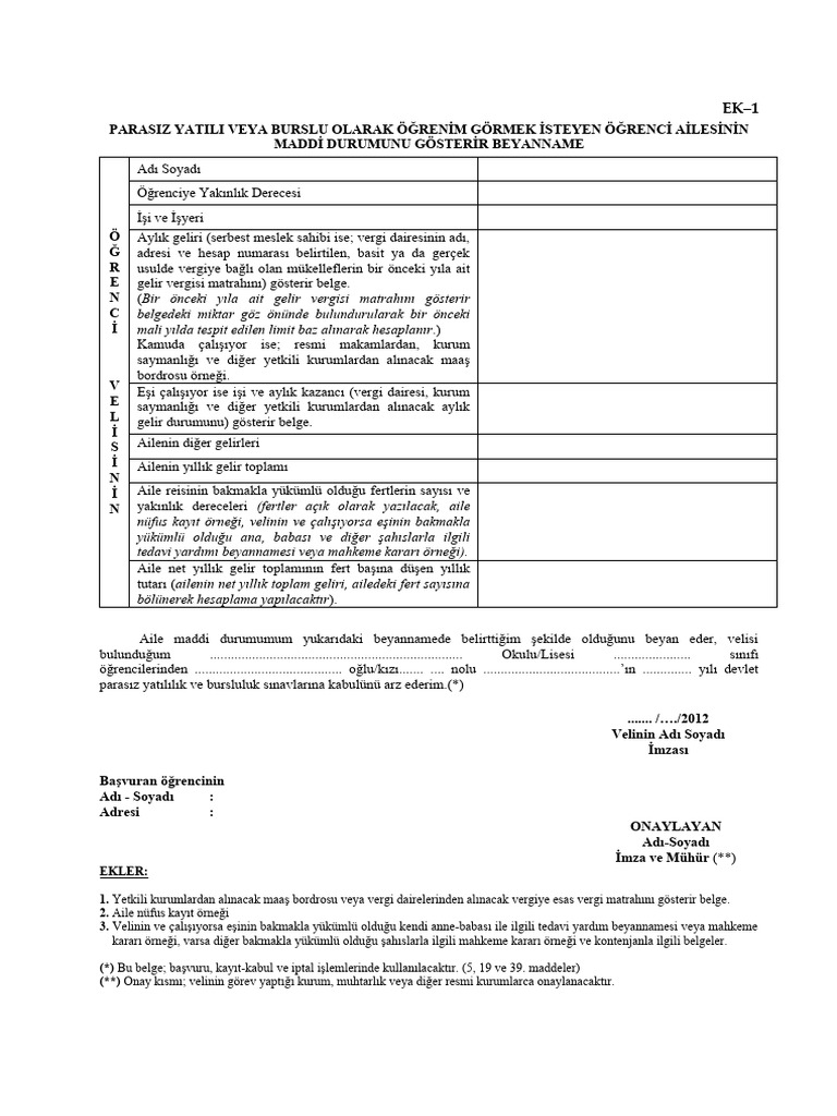 Aile Maddi Durum Beyannamesi | PDF