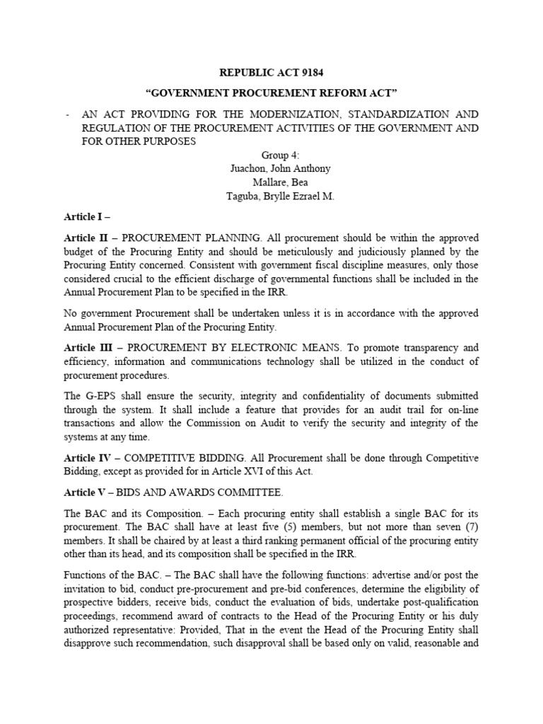 Republic Act 9184 | PDF